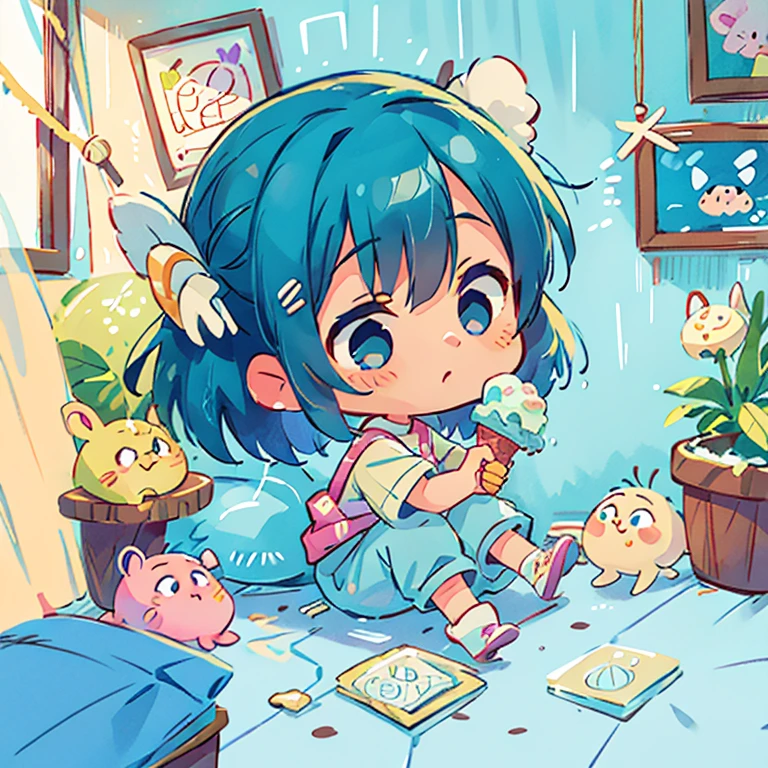 Alone, Chibi, girl, comfortable clothes 、blue hair、A room like a ...