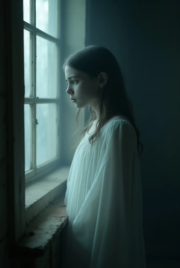 Ghostly figure of a young girl, haunted look, standing near a window ...