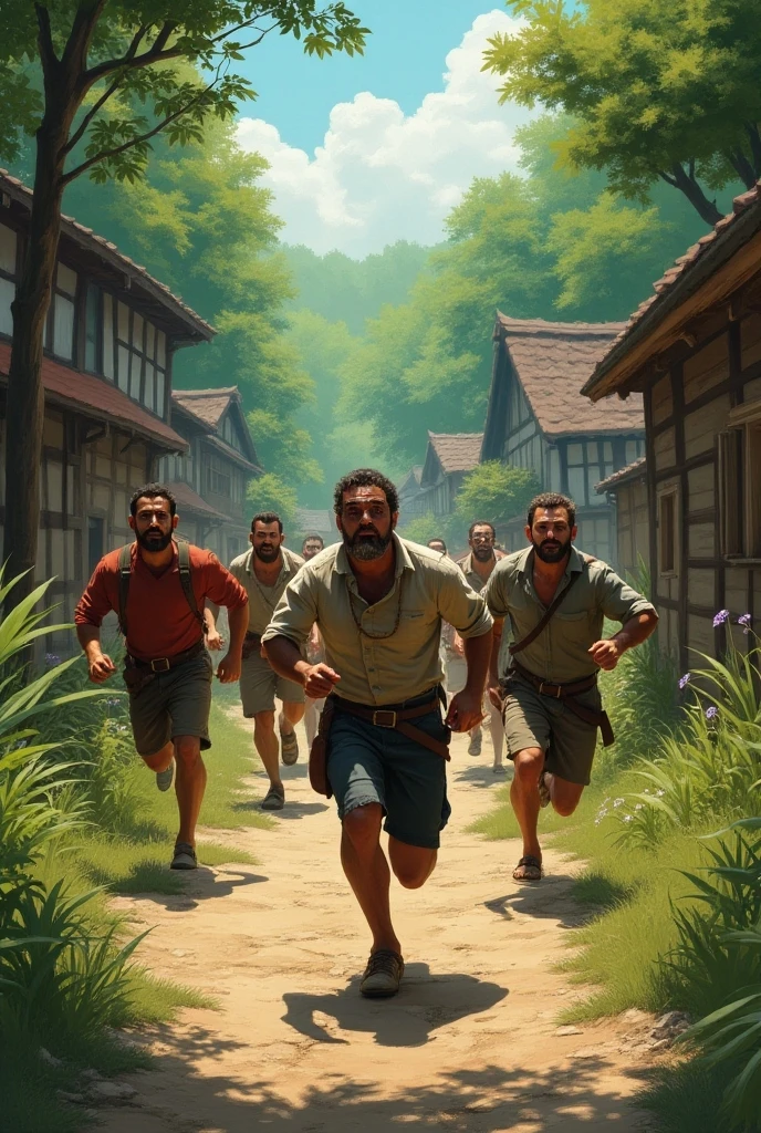 In a village mens running to forest exciting face expression - SeaArt AI