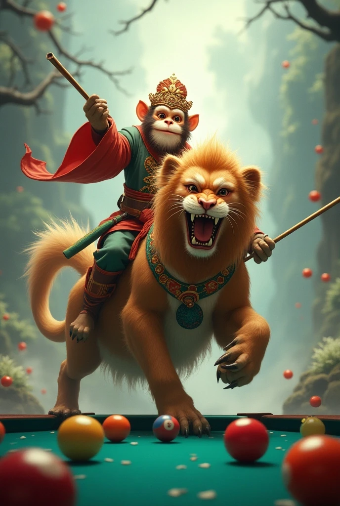 A picture of the monkey king riding a lion and playing billiards with a ...