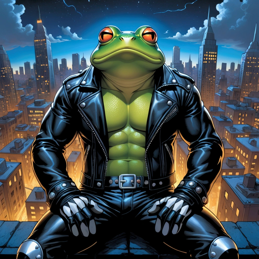 An extremely badass light blue and white bullfrog wearing an insanely ...