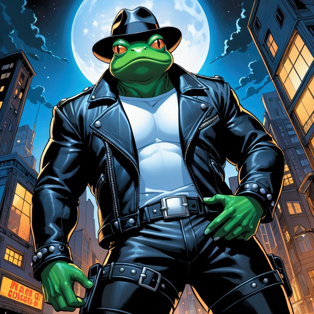 Closeup, An extremely badass light blue and white bullfrog wearing an ...