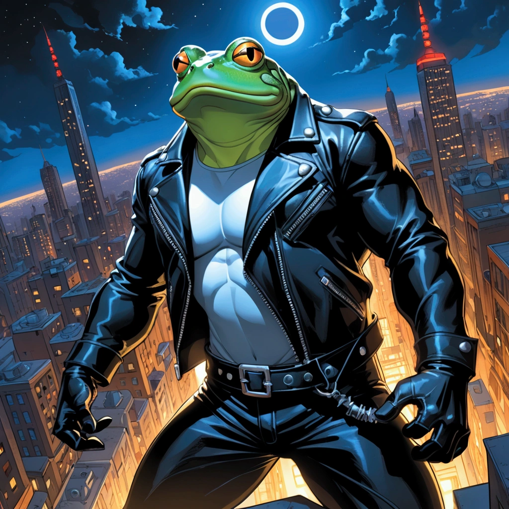 Closeup, An extremely badass light blue and white bullfrog wearing an ...