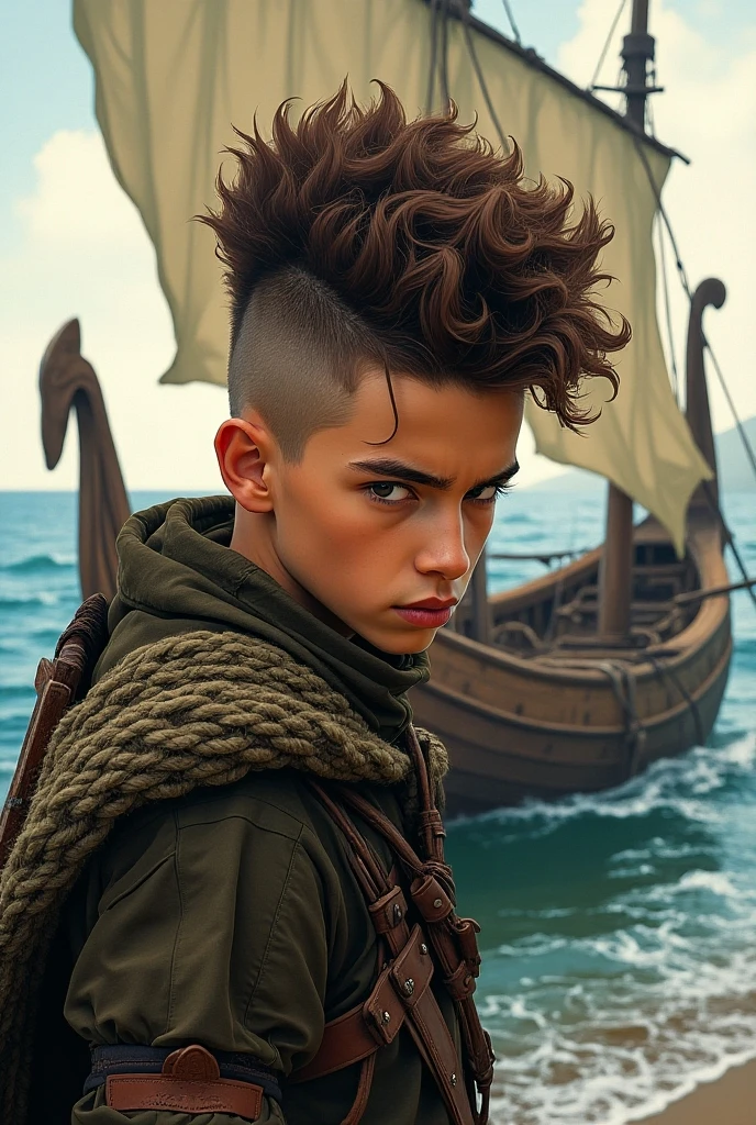 Manga about a Viking boy with long mohawk hair, curly and brown - SeaArt AI
