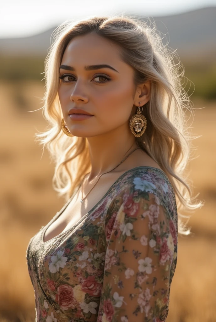 Close-up portrait of a refined woman standing in a rugged cowboy stance ...