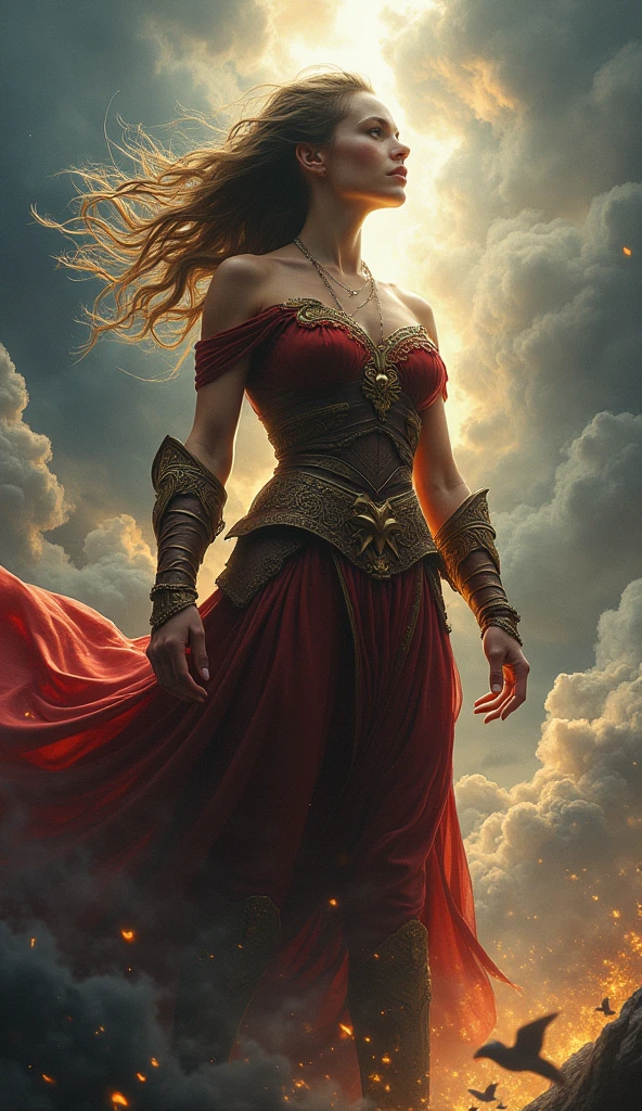 A woman standing tall and proud, fiercely defiant against the storm ...