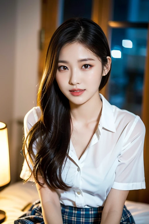 (A stunning Korean lady at night, sitting in bedroom, wearing a white ...