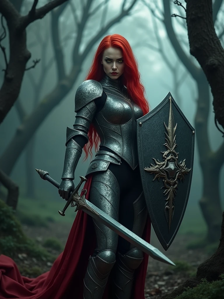 Red-haired vampire woman with a sword in her hand, dressed in silver ...
