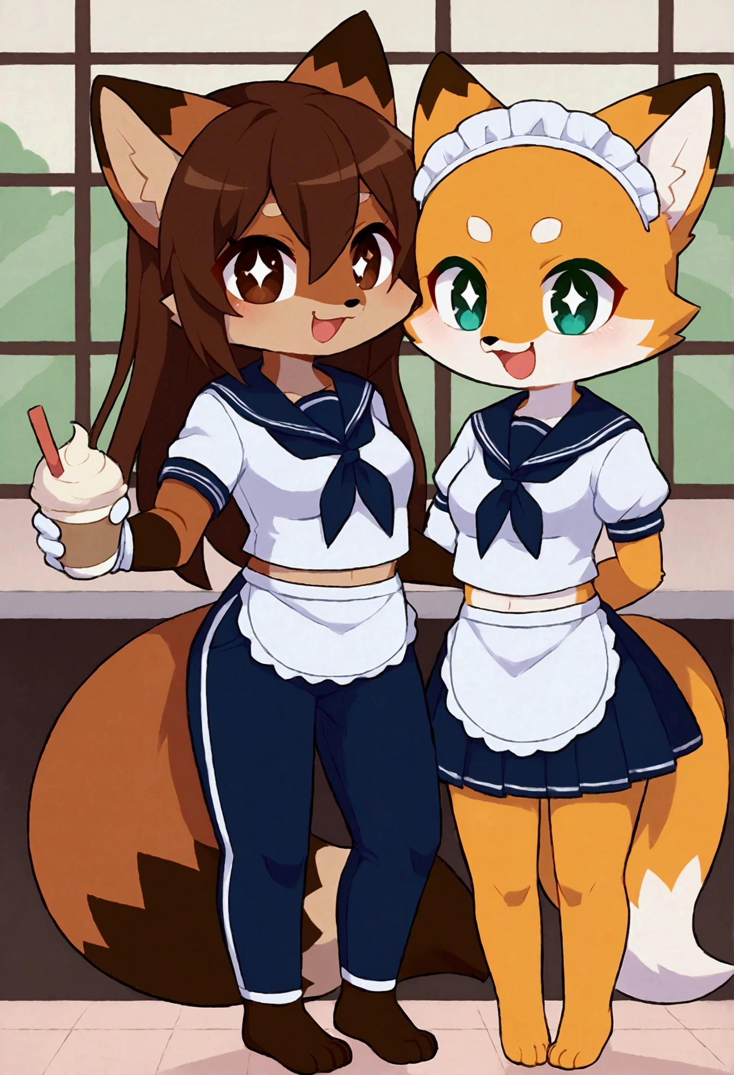 2girls, tanuki and fox, furry, bodyfur, tail, school uniform - SeaArt AI