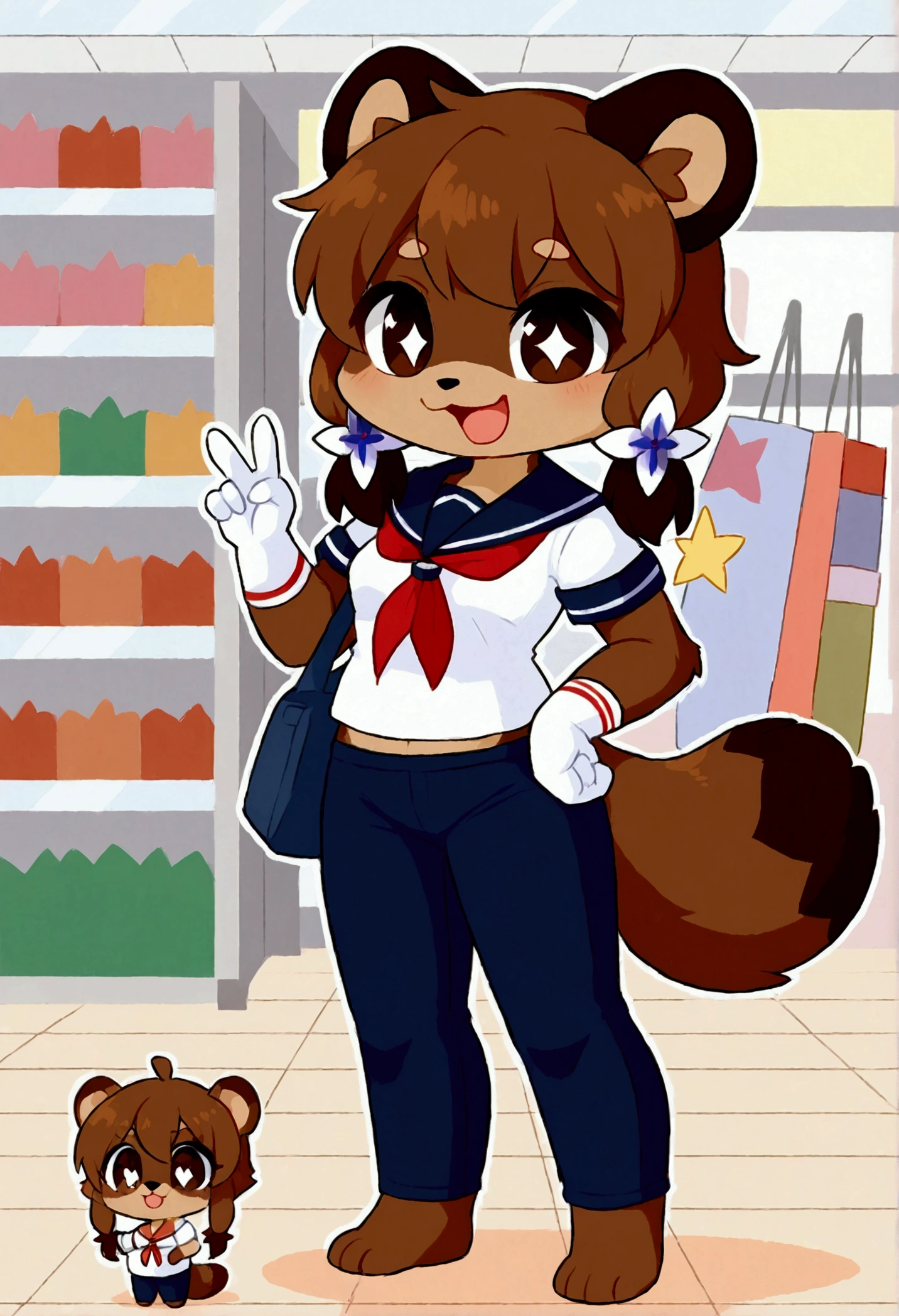 Girl, tanuki, furry, bodyfur, tail, school uniform, sailor suit - SeaArt AI