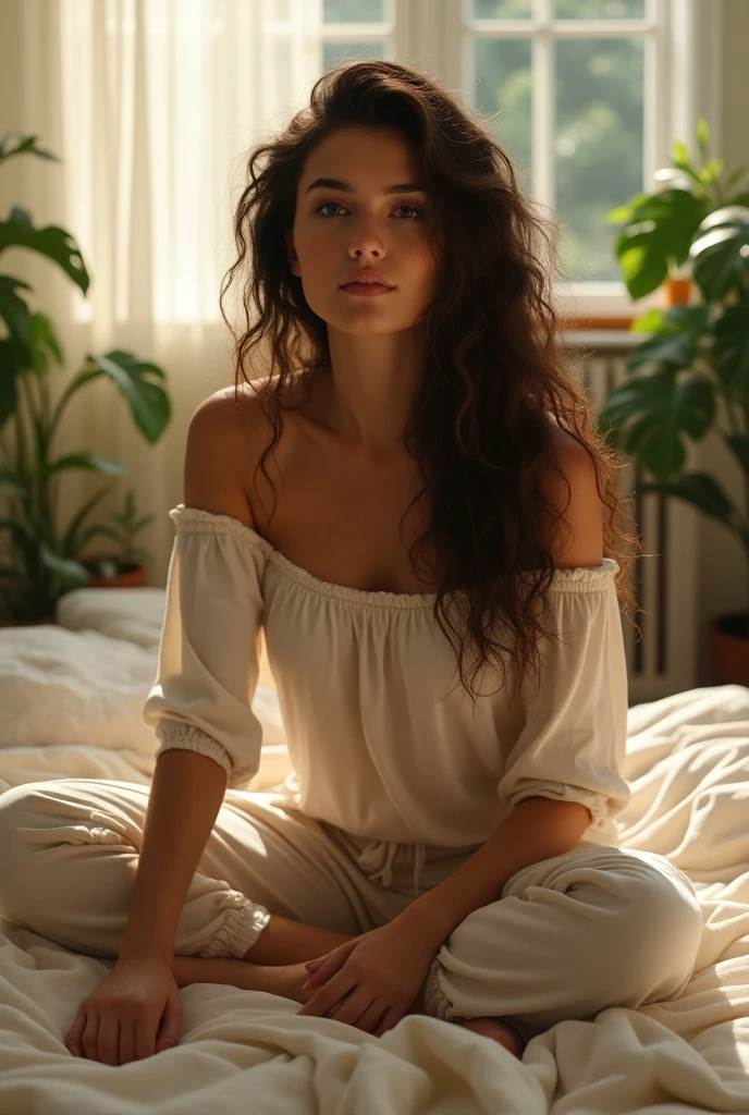 (photorealism:1.2), beautiful woman, sitting on bed, wearing loose off ...
