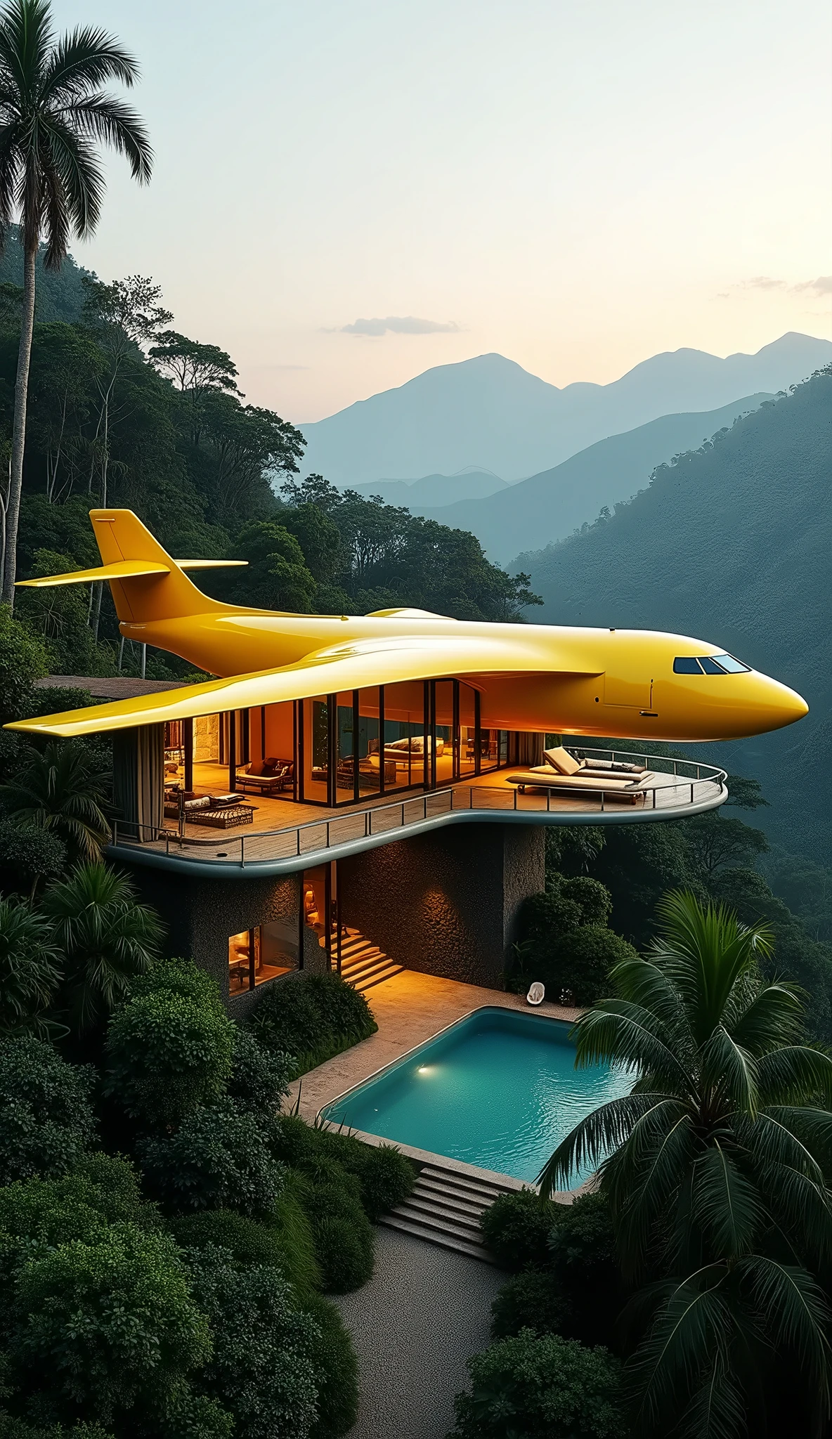 Create a luxurious house in the shape of a sleek, yellow private jet ...