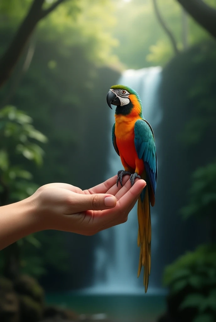 A hand holding a cute little macaw very cute ultra = realistic with ...