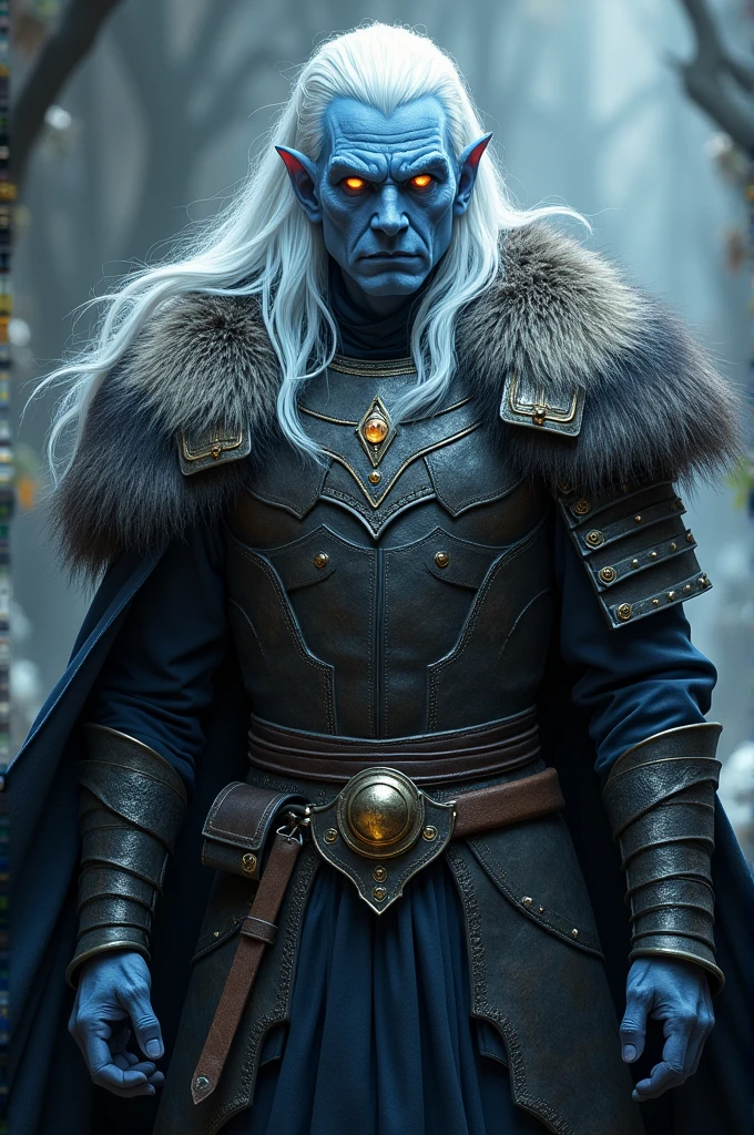 He has blue-gray skin , white hair and long , and eyes with an ominous ...