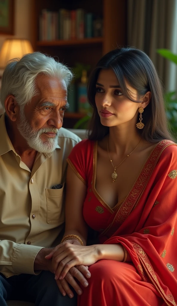 A 30 year young girl, wearing red sari, clevage, big boobs, huge breast ...