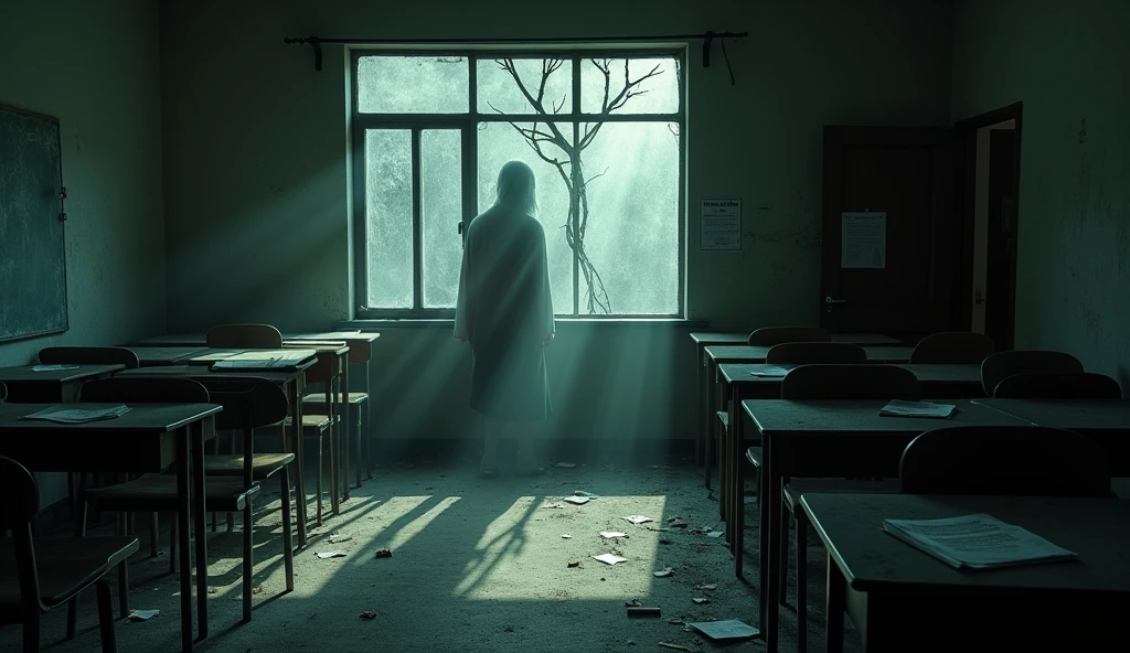 Image Prompt: A haunted classroom inside an old school, with a faint ...