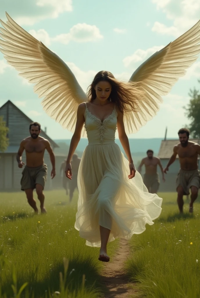 A beautiful woman with wings being hunted by angry peasants on the farm ...
