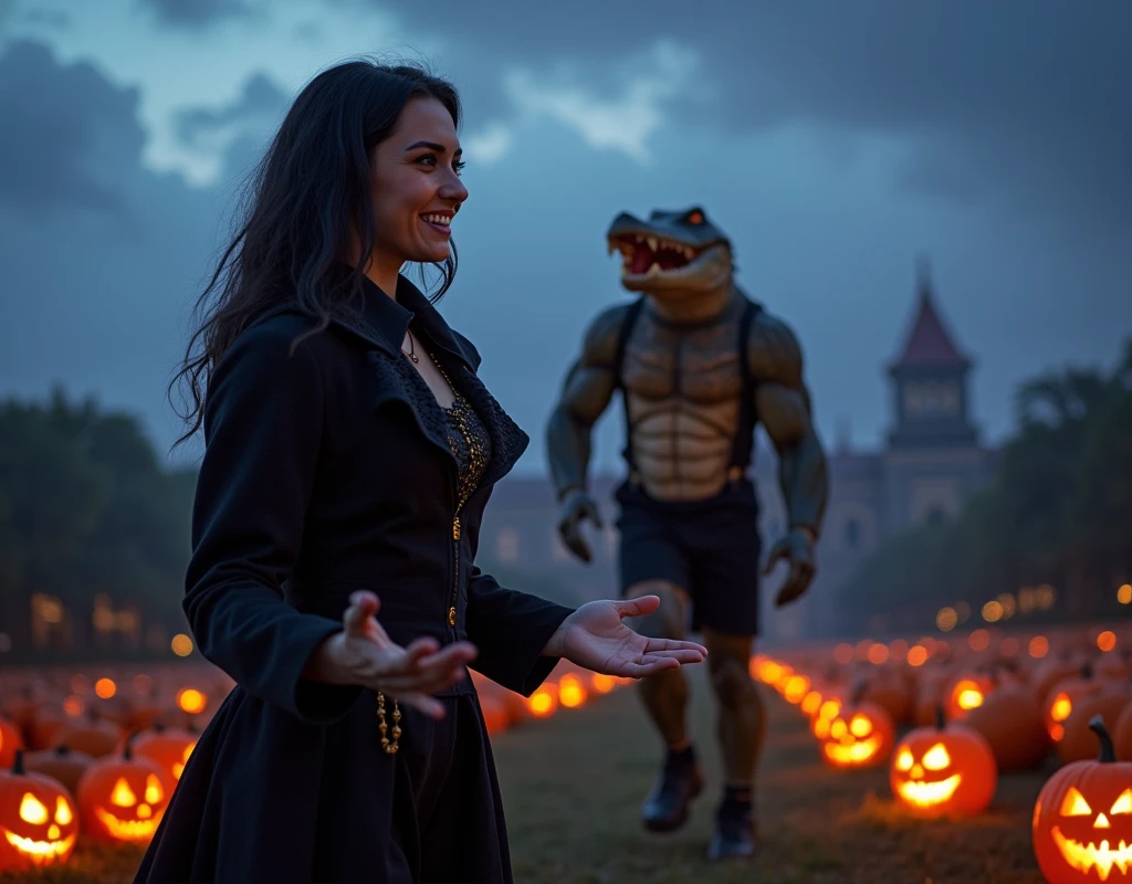 A masterpiece complex shot from a scary movie, two characters in the ...