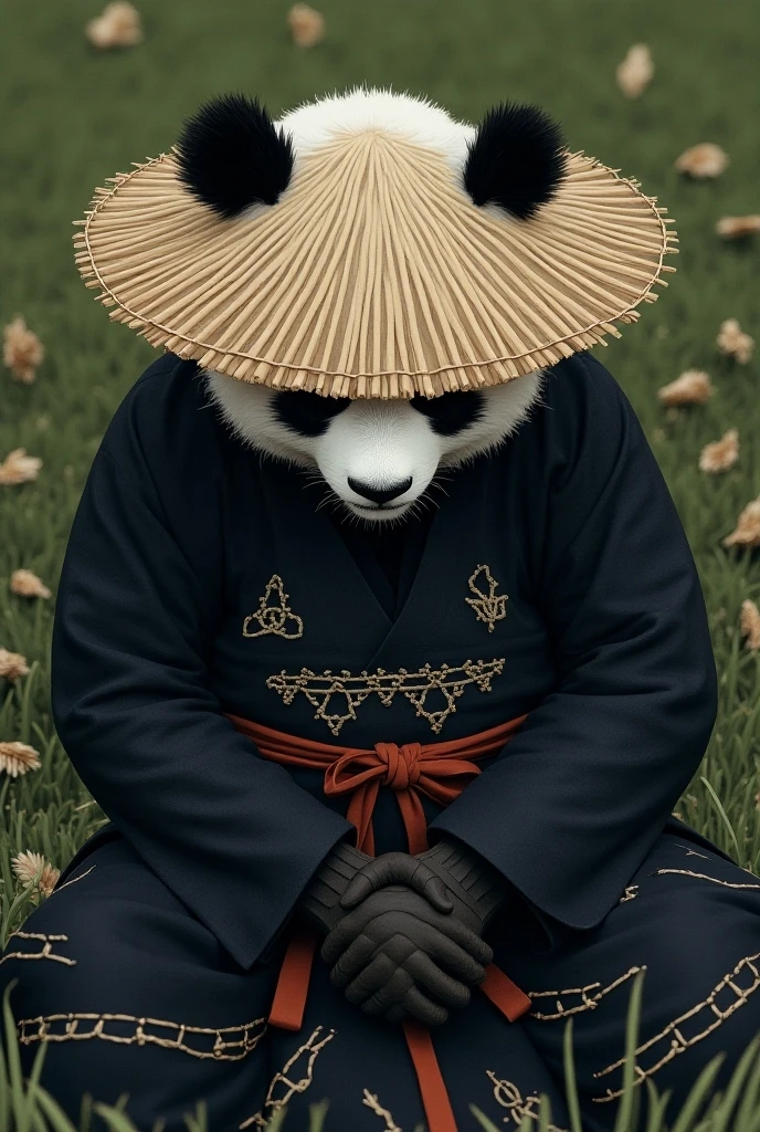 Panda samurai laying down on back on grass and straw hat is on his eyes ...