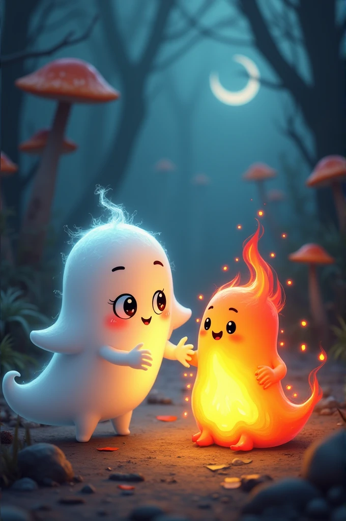 A cute ghost talking to a talking fiery flame - SeaArt AI