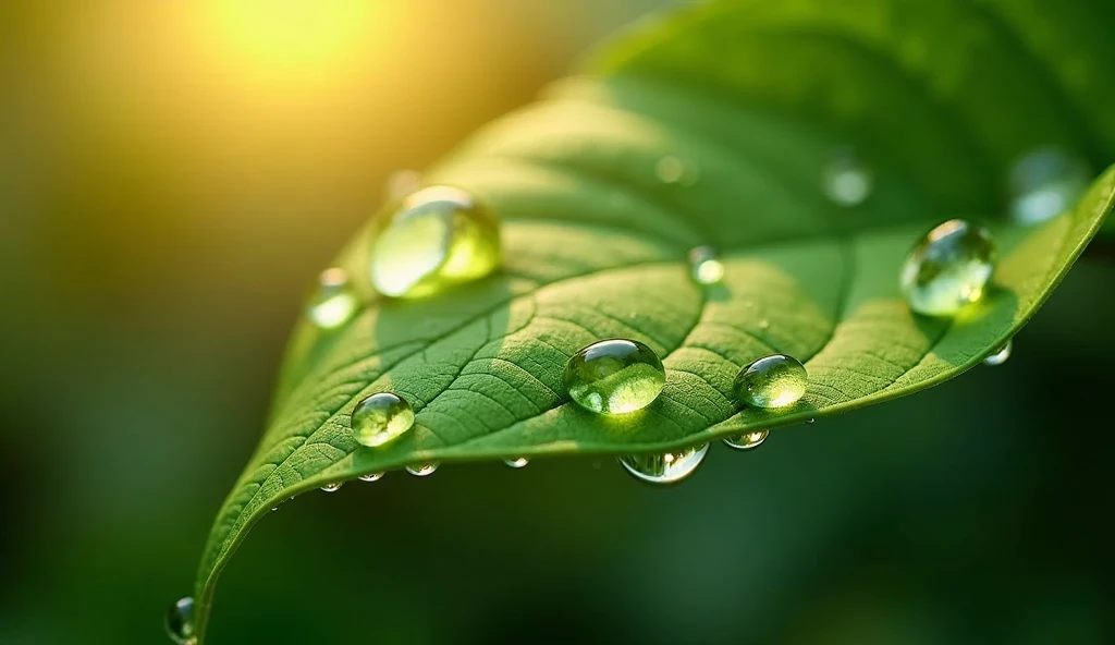 Close-up of a leaf reflecting light. Water drops falling from the leaf ...