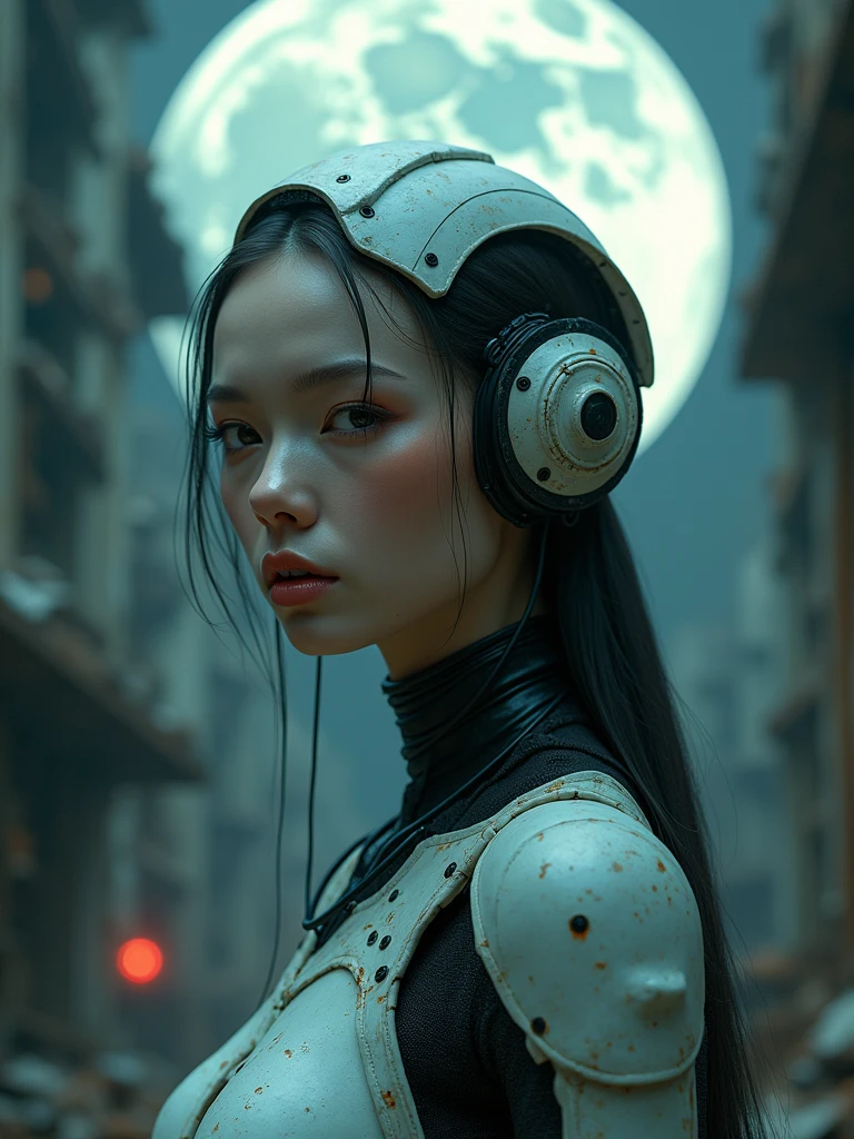 Beautiful woman as cyborg, in abadoned space starting on moon - SeaArt AI