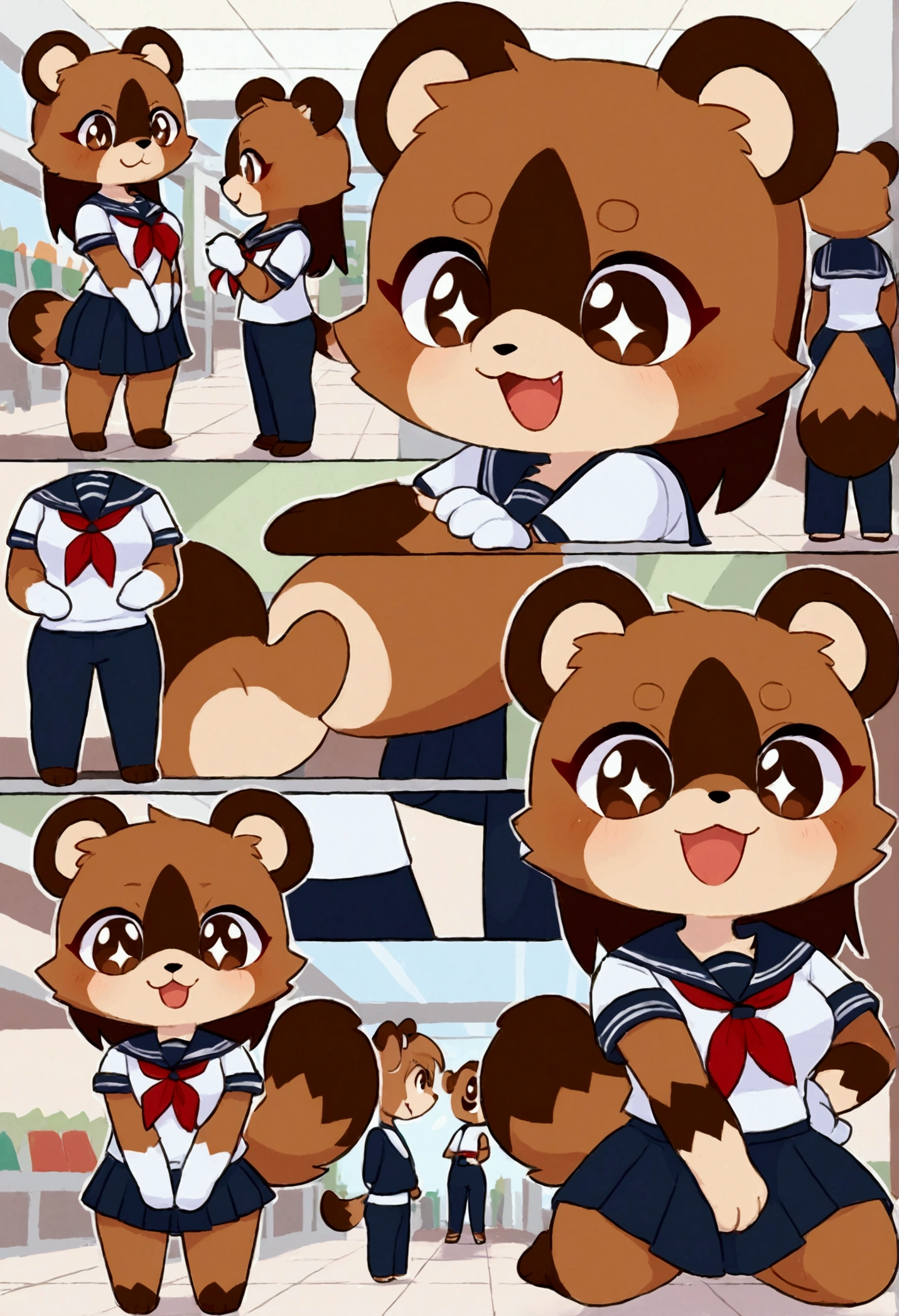 Girl, tanuki, furry, bodyfur, tail, school uniform, sailor suit - SeaArt AI