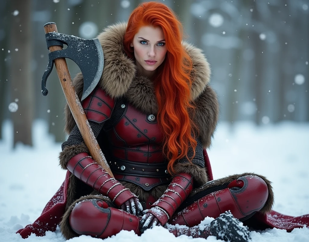 Araffe woman in cosplay sitting in the snow with a axe, very beautiful ...