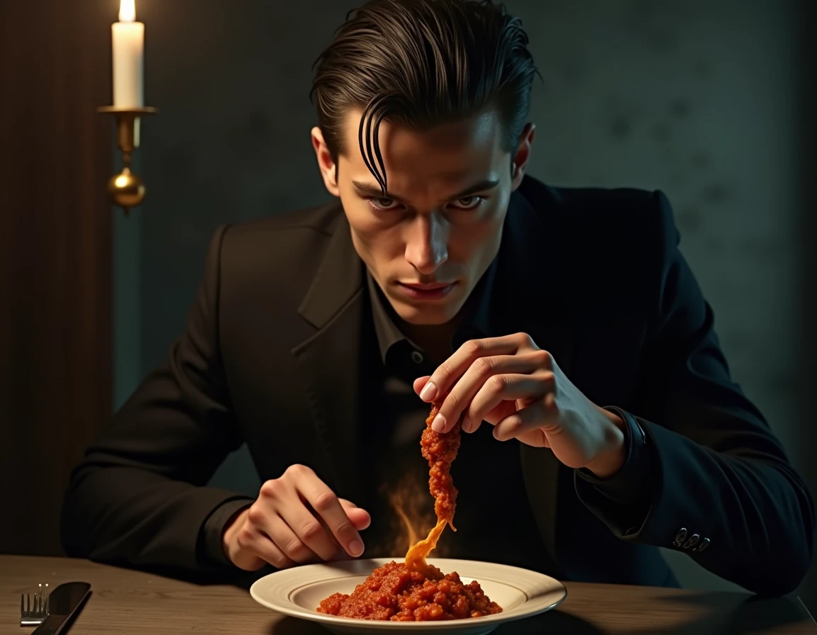 Stylish young man from a horror movie eating spicy - SeaArt AI