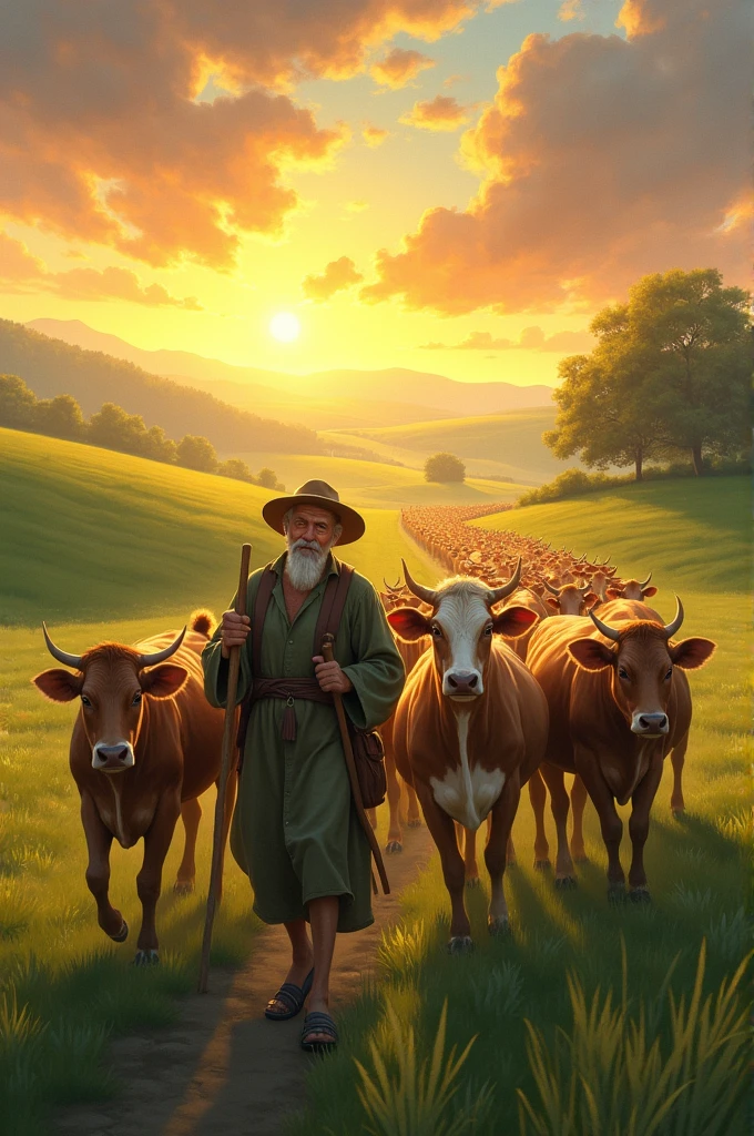 Uncle the shepherd is going to the field with the cows at dawn - SeaArt AI