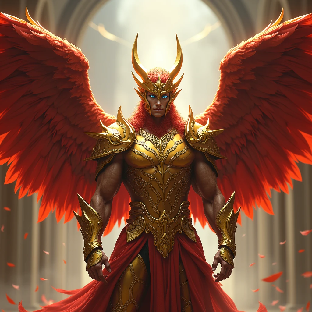 Birdman in golden iron armor, blue eyes, white wings, fiery red ...