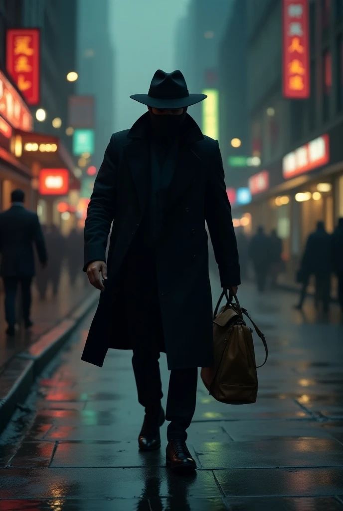 A masked detective who is walking in the street and he is holding a bag ...