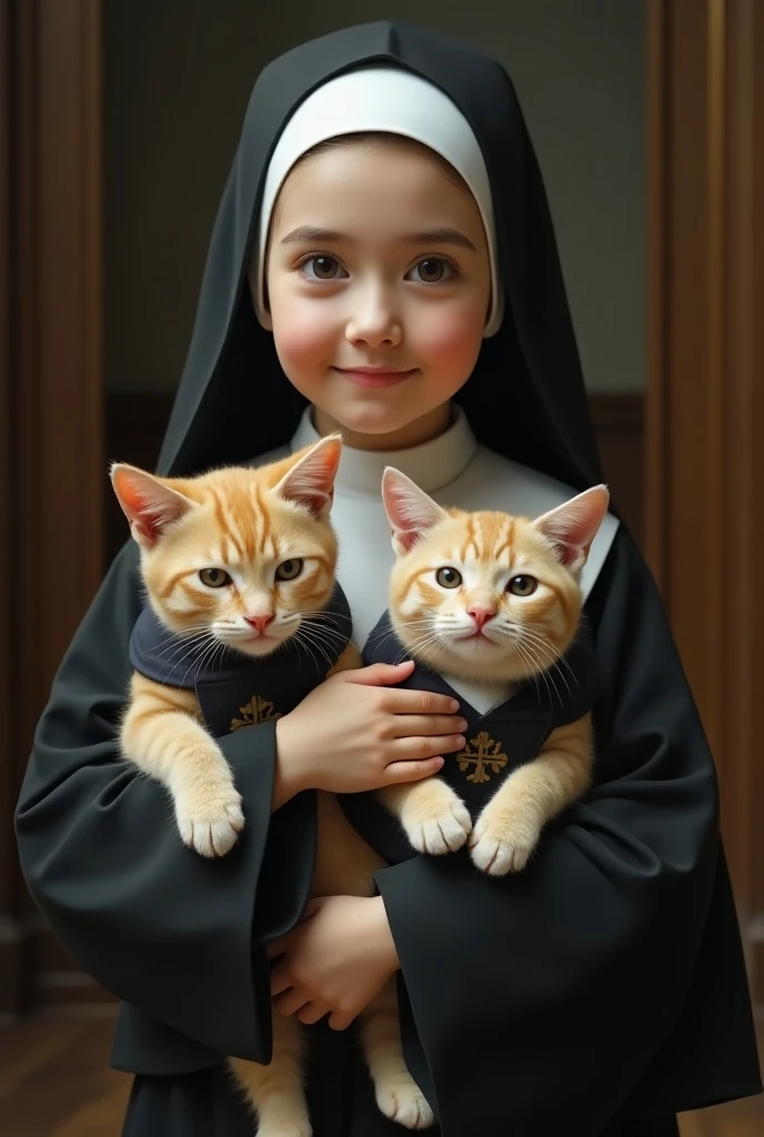 young and beautiful nun with her cheeks printed on cats 、Holding a cat ...