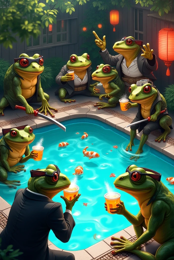 Frogs as yakuza partying on a pool - SeaArt AI