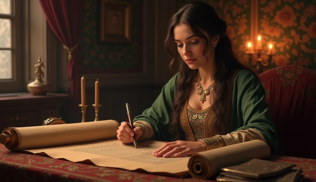Esther writing on a scroll with a pen. - SeaArt AI