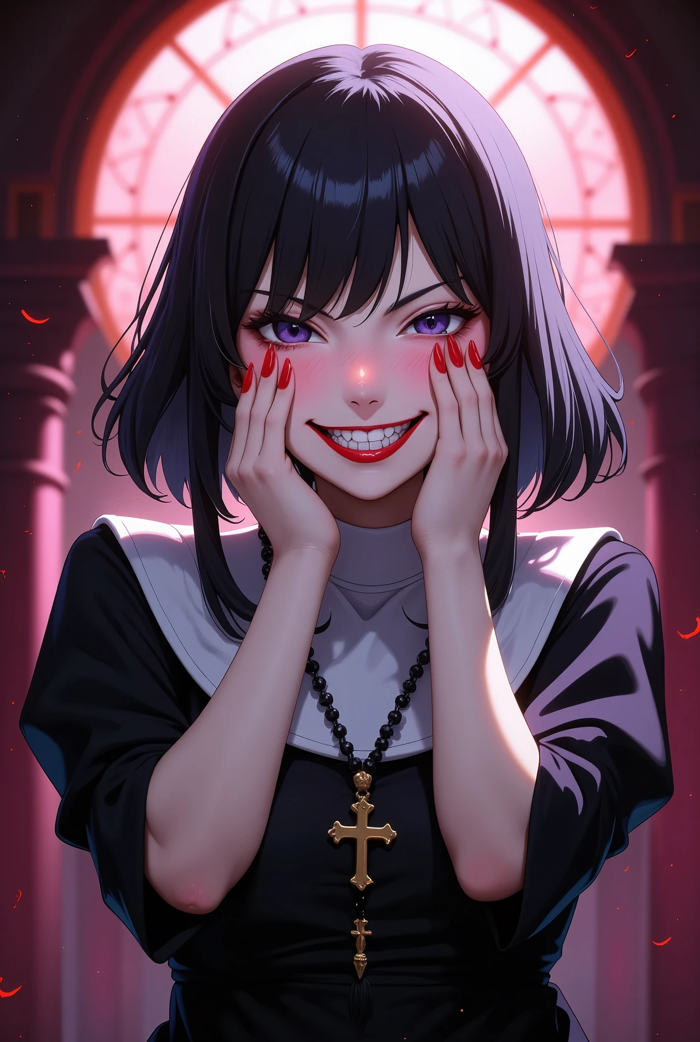 A nun, yandere expression, anime-style, crazy smile, crazy eyes - SeaArt AI