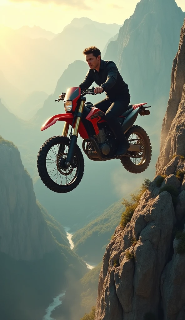 An epic action scene of Tom Cruise as Ethan Hunt riding a motorcycle ...