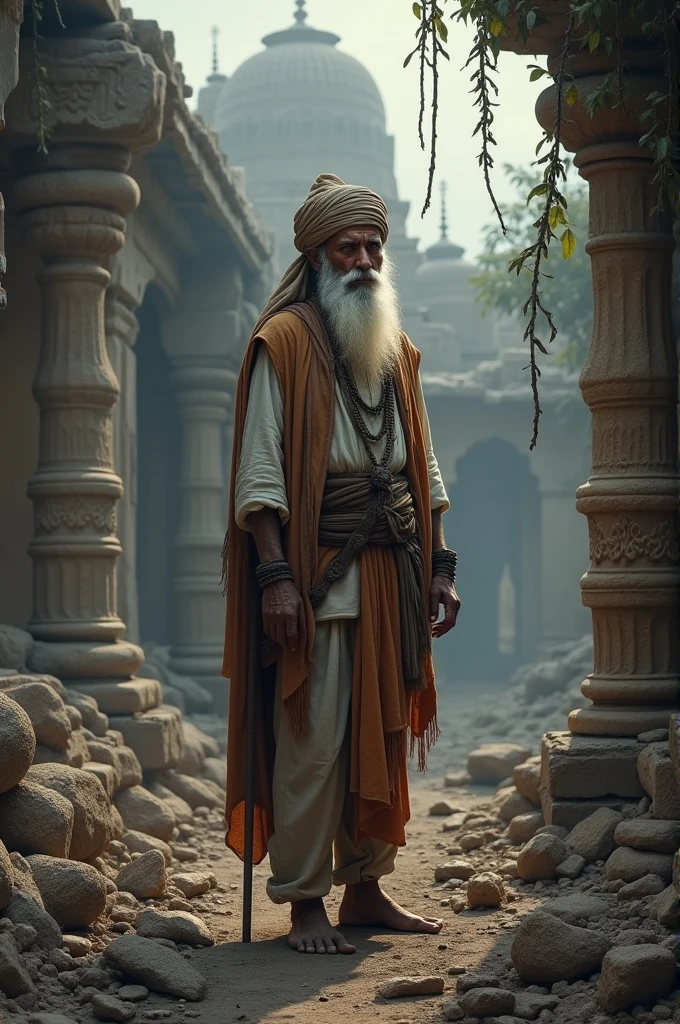 A create Old pandit,On village temple Looted - SeaArt AI