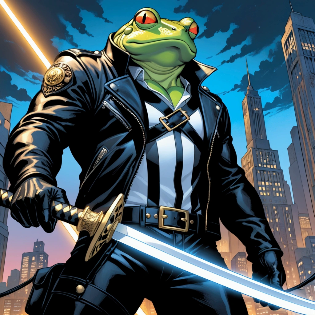 Closeup, An extremely badass light blue and white bullfrog wearing an ...