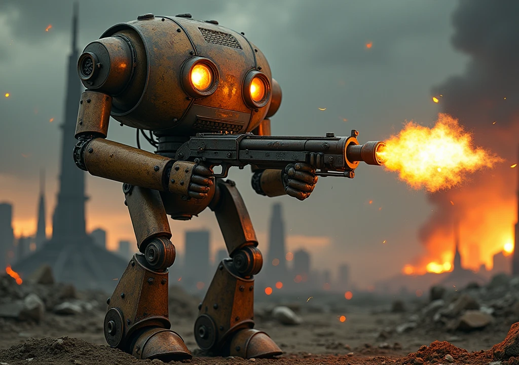 A tall, humanoid robot stands in a war-torn, post-apocalyptic landscape ...