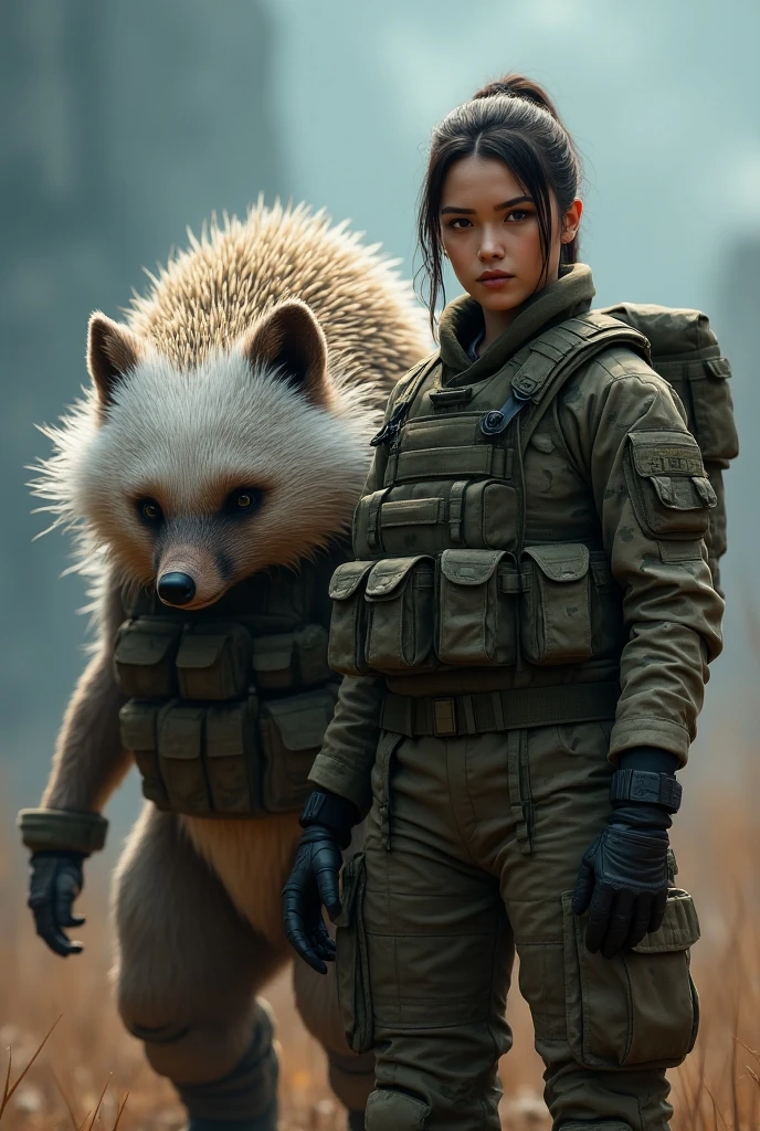 A female soldier wearing a full camouflage uniform of military ...