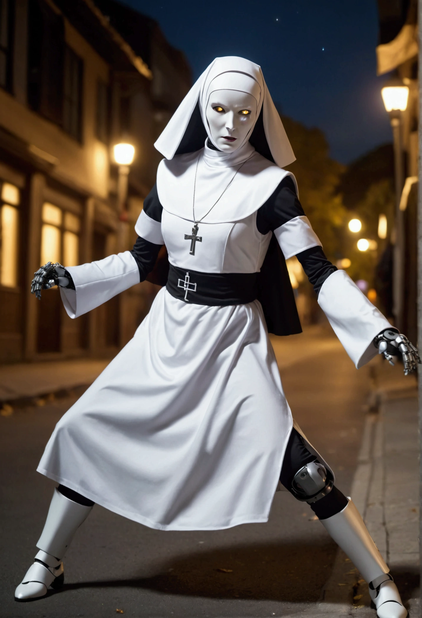 Robot in nun costume, fighting pose on street, halloween night - SeaArt AI