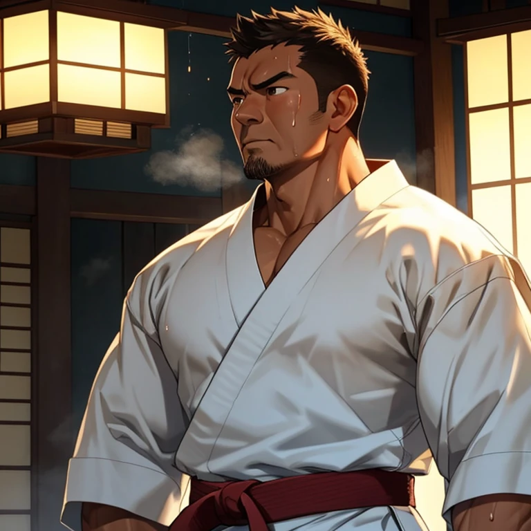 Male、40 years old、Muscular、karate、White uniform、Short Hair、Strong ...