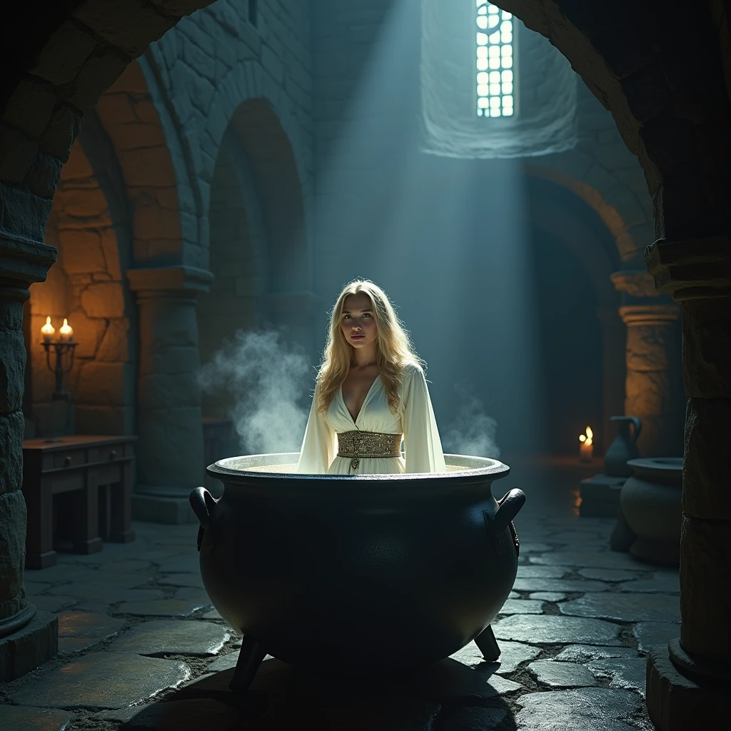 A dimly lit interior of a medieval castle, a large cauldron with a ...