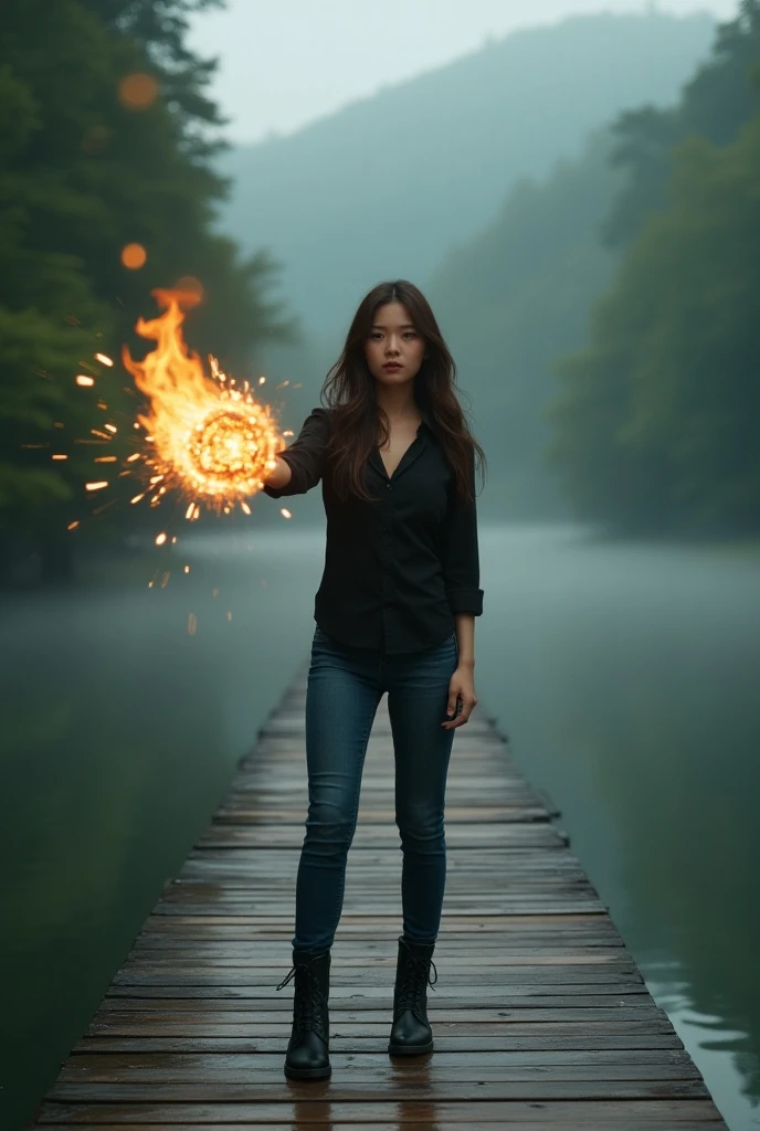 cinematic of a beautiful Korean woman with brown hair , wearing a black ...