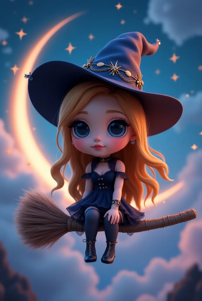 Cute chibi witch, sitting on flying broomstick at night, ankle strap pumps - SeaArt AI