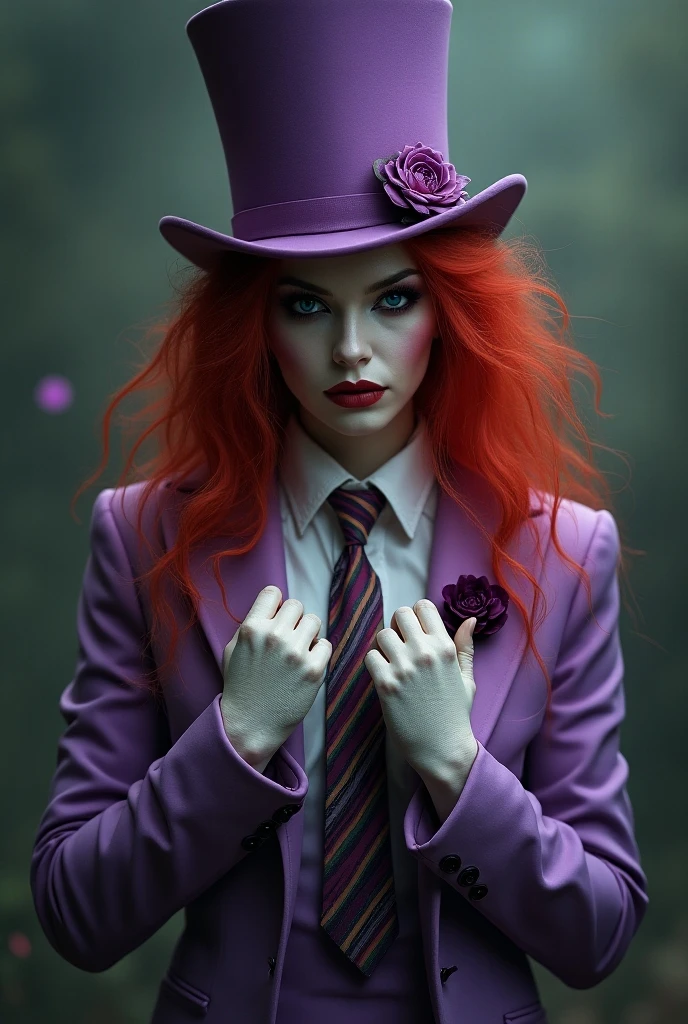 Duela Dent with red hair, pure white skin, wearing a purple top hat ...