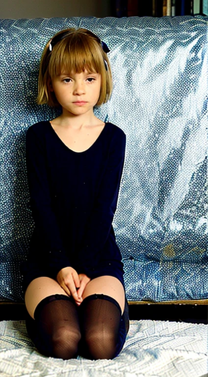 1girl, seven years ol girl, flat chest, blonde, beautiful, blue dress - SeaArt AI