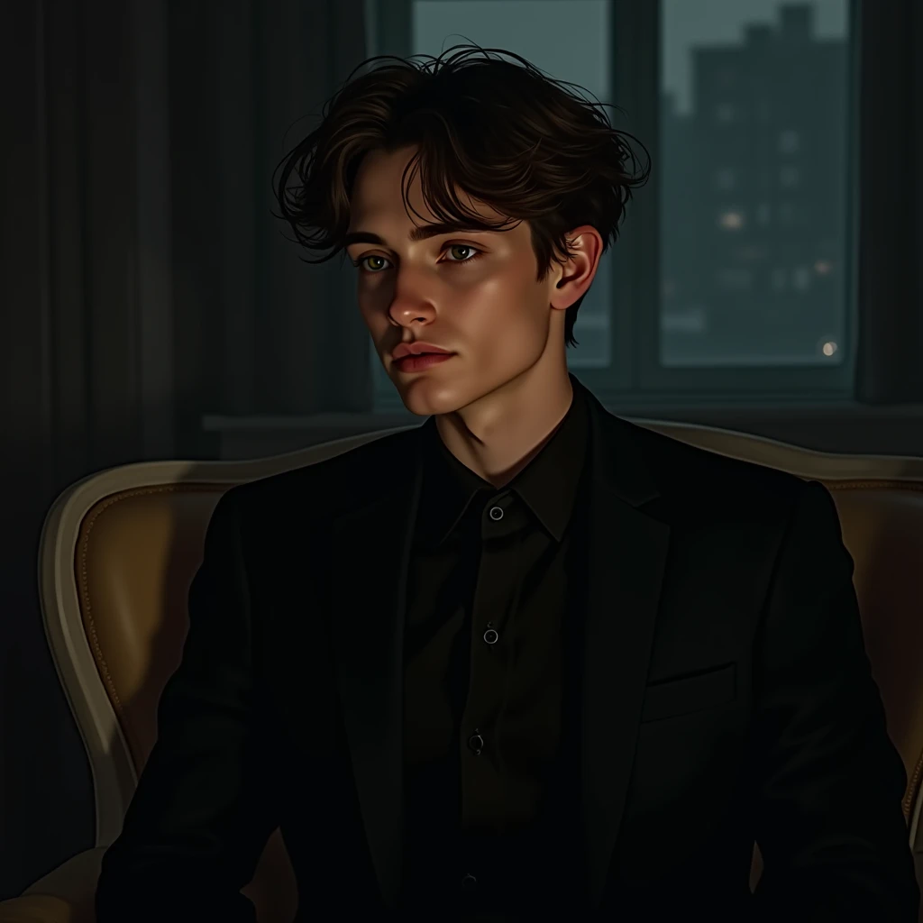 20 year old man, brown hair , deep green eyes,Black suit, side profile ...