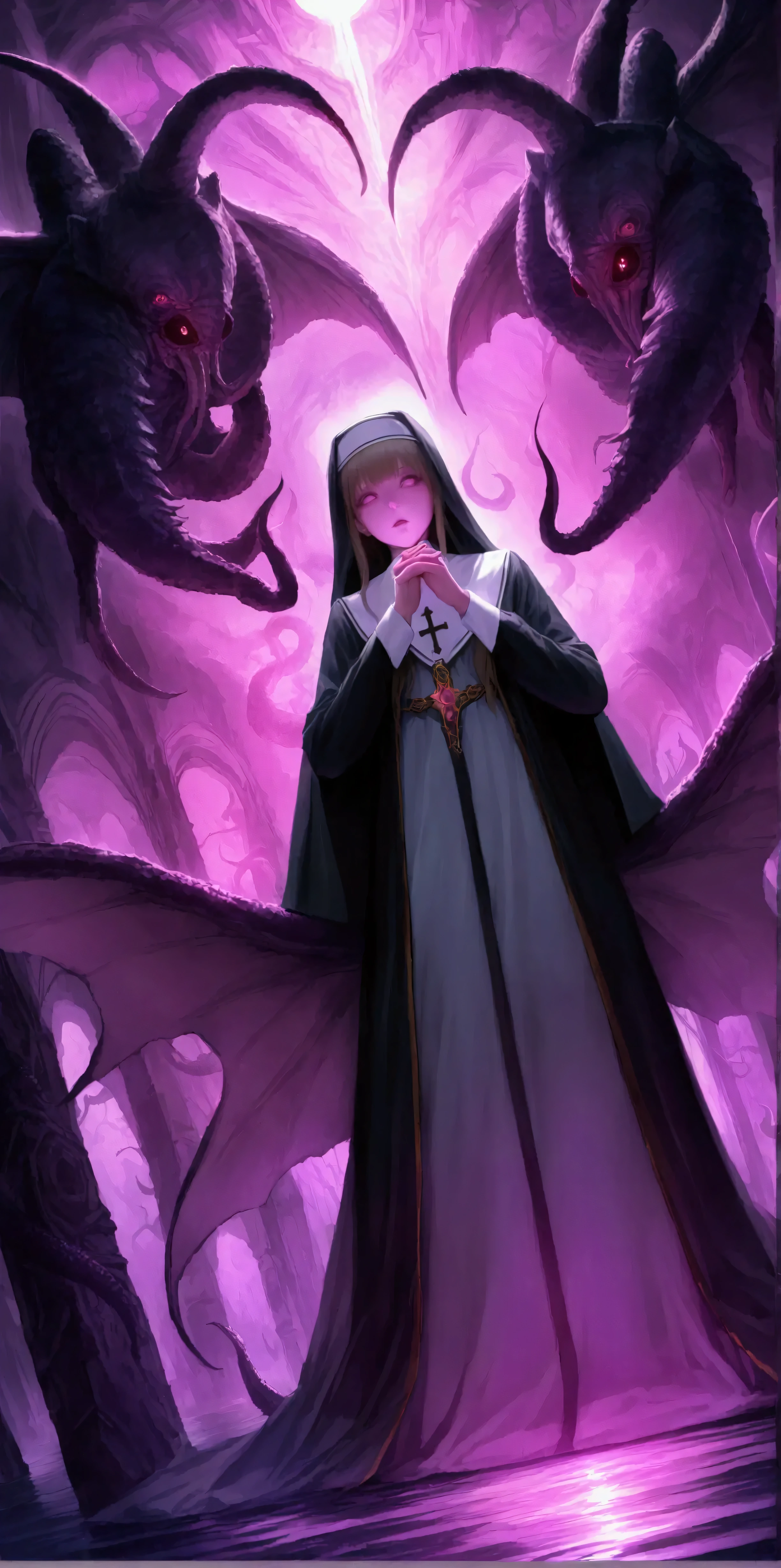 (1girl and 1monster:1.4),1girl\(nun,crazy face,mad face,deep ones ...